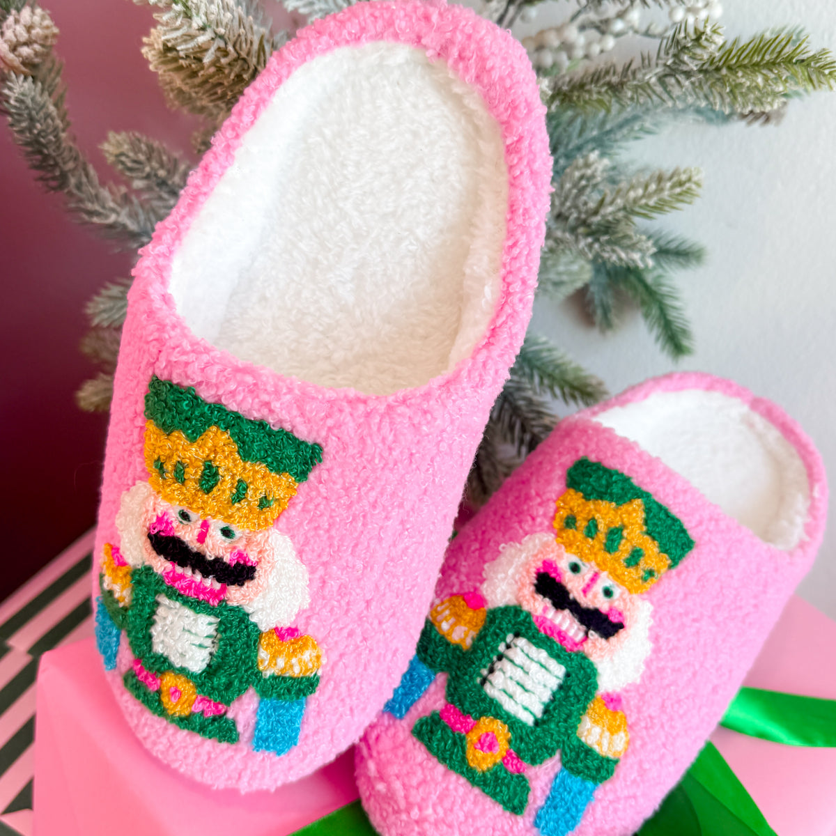 Nutcracker Nights Slippers – Pink Fuzzy Holiday Nutcracker Slippers ...