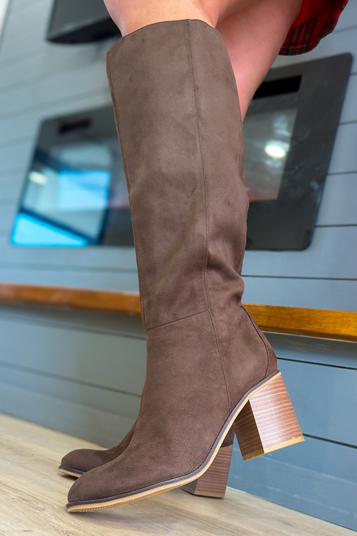 The Parker Chocolate Boots by MIA – Tall Brown Knee-High Boots – Poppy Jane